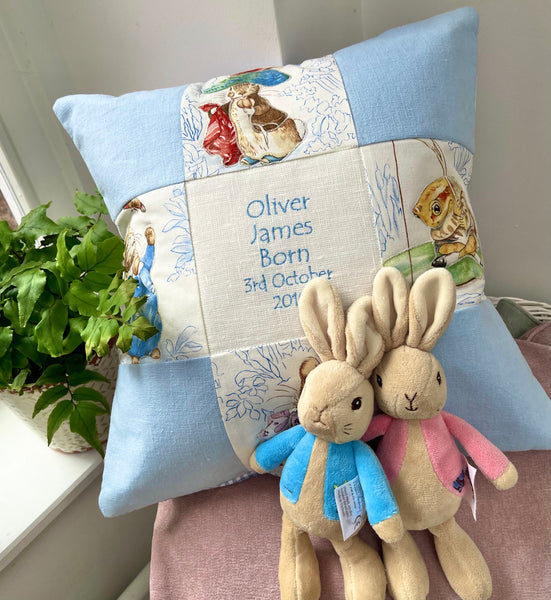 Beatrix Potter© Christening cushion Patchwork Name and Date Cushion ...